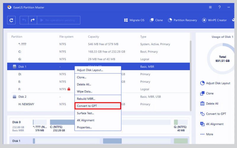 convert to GPT in EaseUD partition – SoftRAR